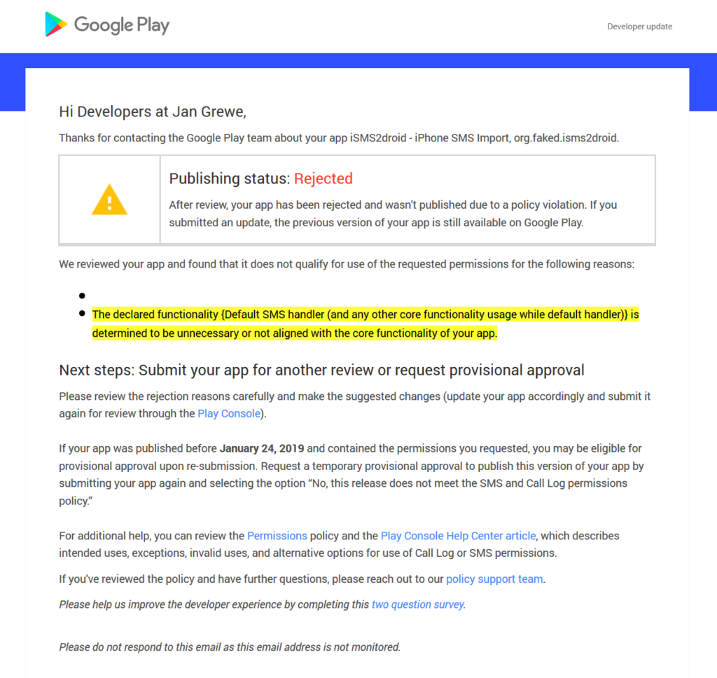 Removal from Google Play Store – iSMS2droid
